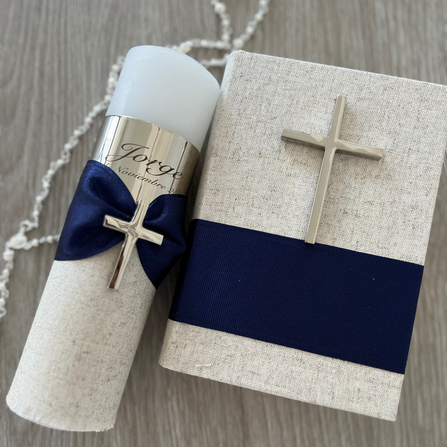 Set para Primera Comunión / Anillo Listón Azul Marino – Exclusivas Casma
